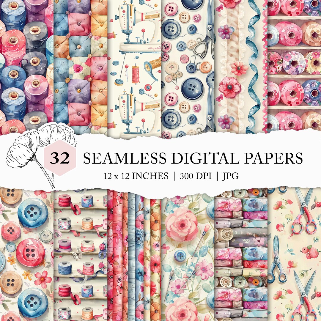 Sewing Digital Paper, Quilting Junk Journal Paper, Seamless Sewing ...