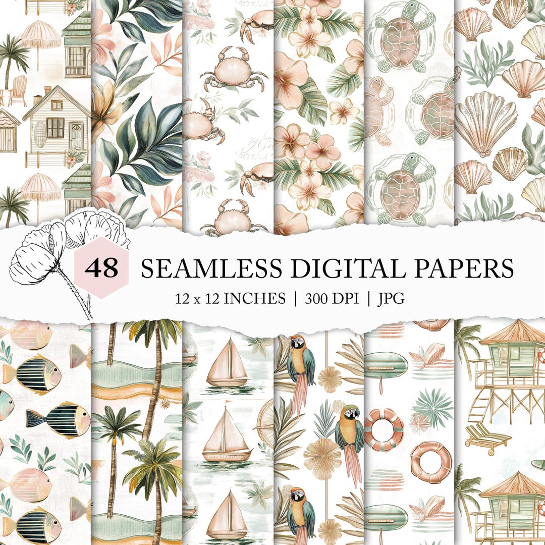 Pastel Beach Digital Paper, Watercolour Tropical Beach Prints, Hawaii ...