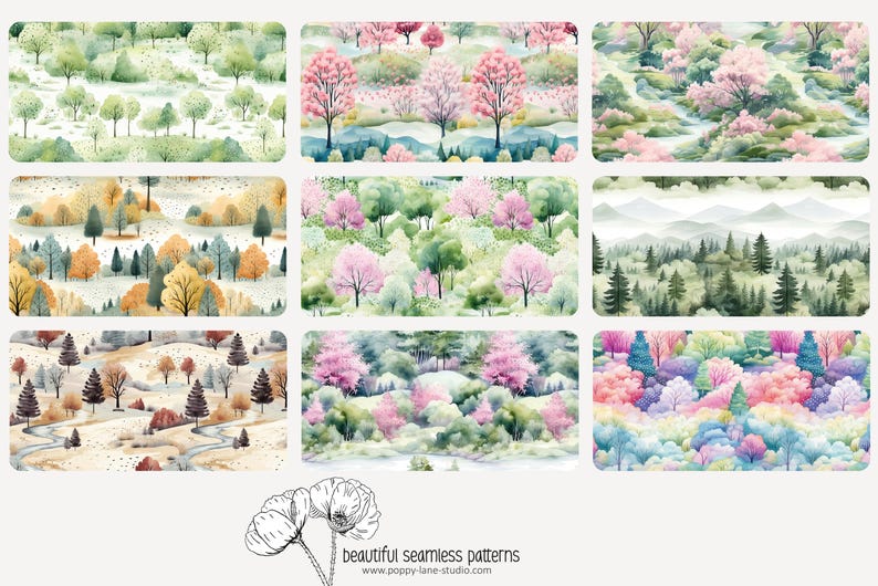 Four Seasons Digital Paper, Watercolour Season Landscape Pattern ...