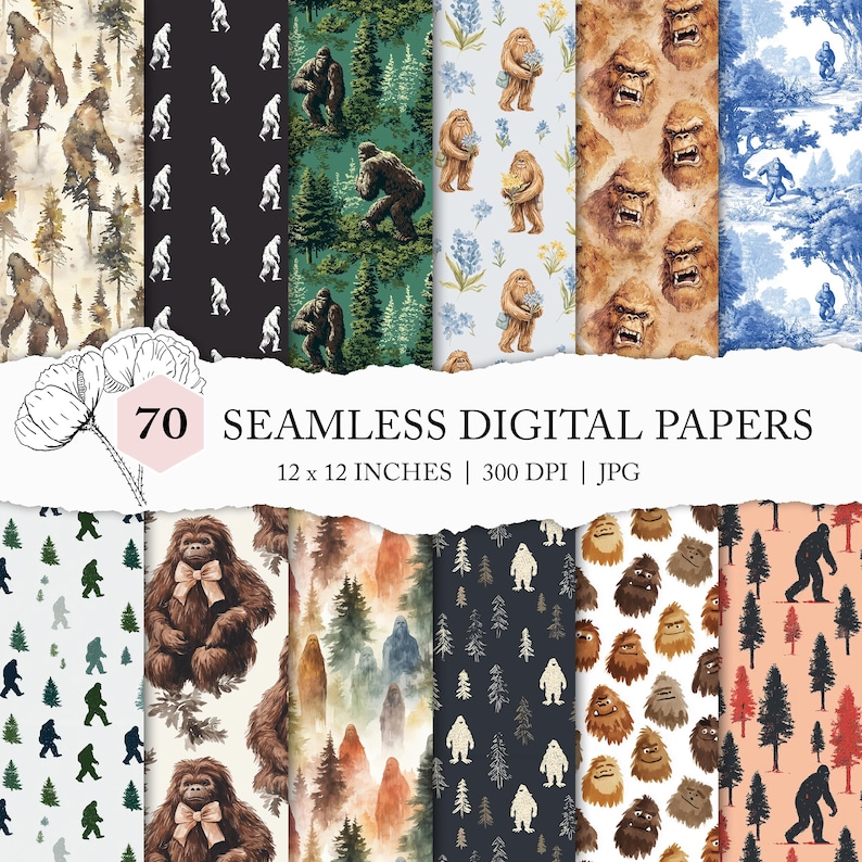 Bigfoot Pattern, Bigfoot Digital Paper, Yeti, Sasquatch Seamless ...