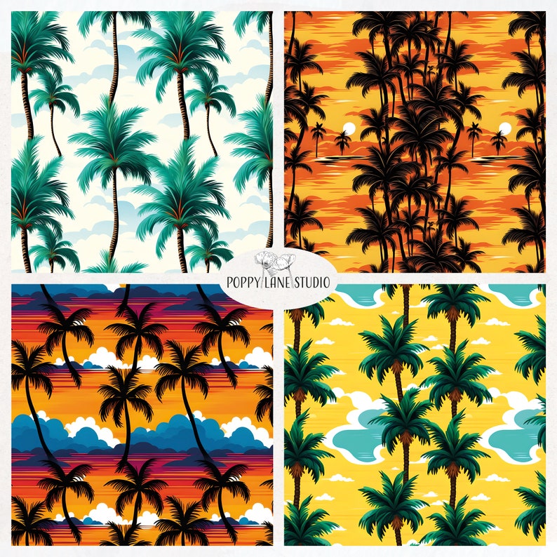Retro Palm Tree Pattern, Palm Tree Digital Paper, Retro Sunset Beach ...