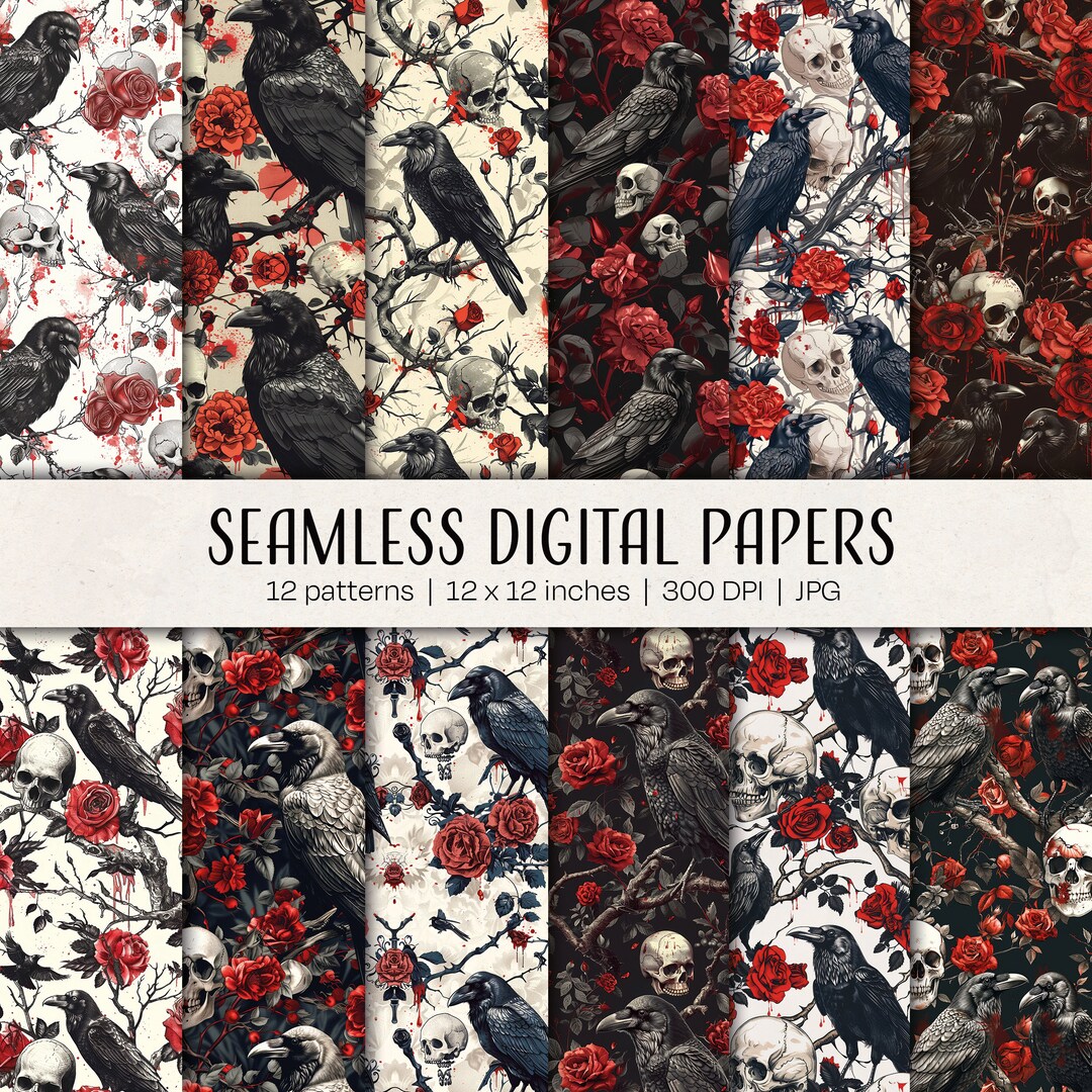 Crow and Skulls Pattern, Goth Digital Paper, Skeleton Skull Dead Death ...