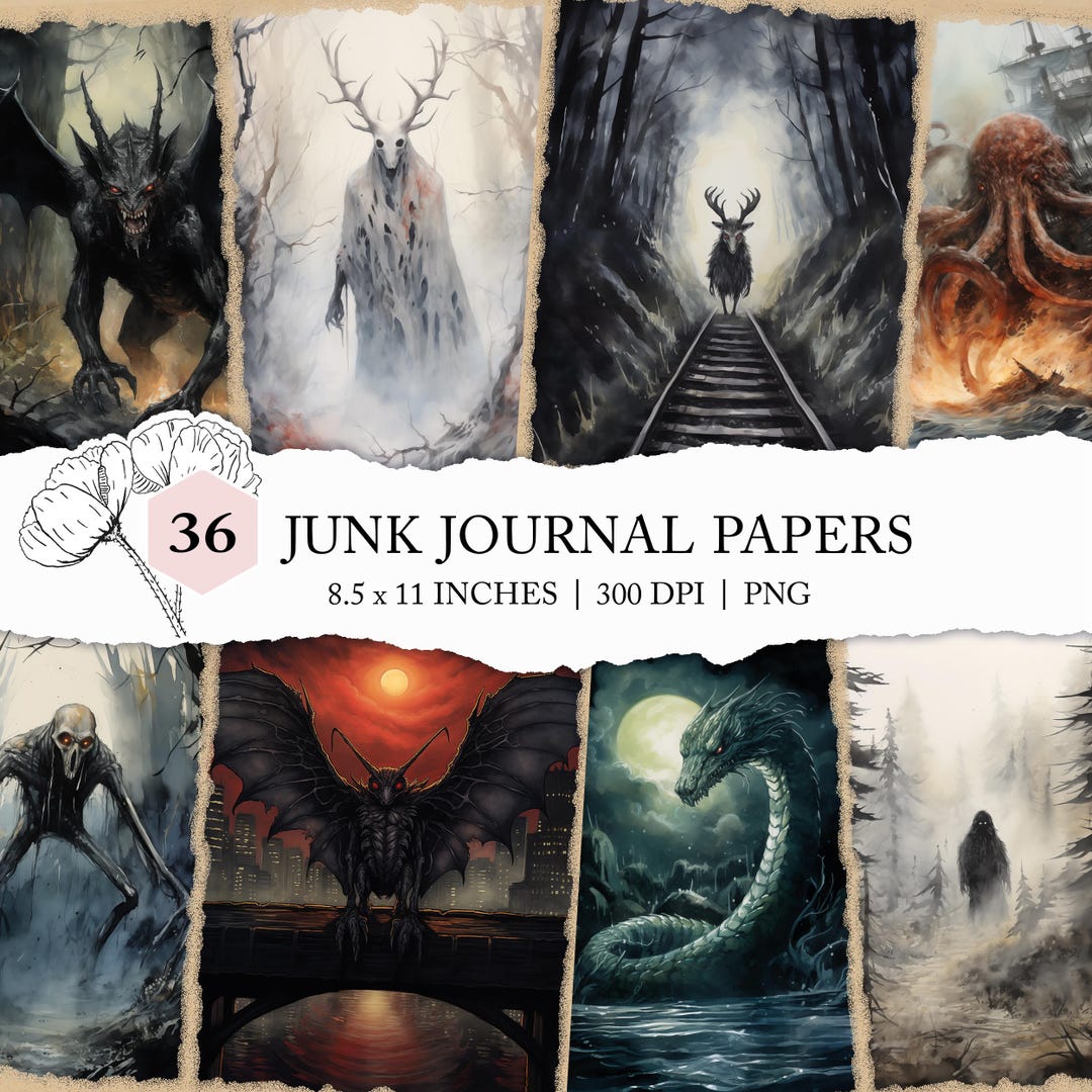 Cryptid Printable Pages, Mythical Creature Digital Paper, Scary ...