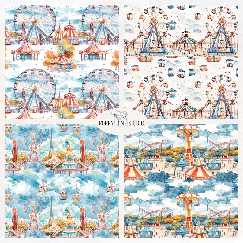 Watercolour Fair Pattern, Amusement Park Digital Paper, Coney Island ...
