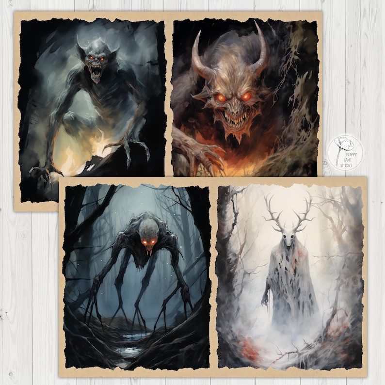 Cryptid Printable Pages, Mythical Creature Digital Paper, Scary ...