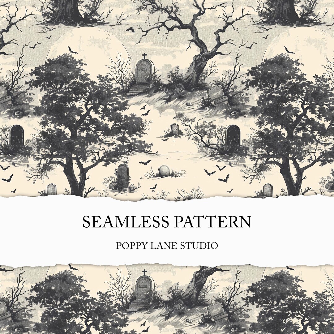 Haunted Cemetery Seamless Pattern, Spooky Cemetery Background, Seamless ...