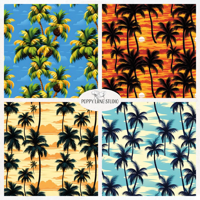 Retro Palm Tree Pattern, Palm Tree Digital Paper, Retro Sunset Beach ...