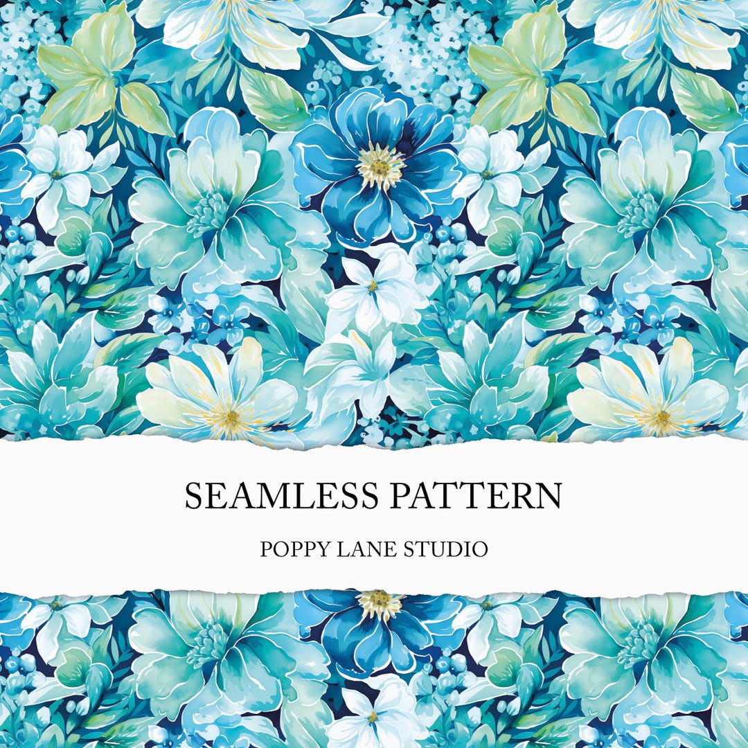 Preppy Teal Floral Seamless Pattern, Blue Watercolour Flower Background ...