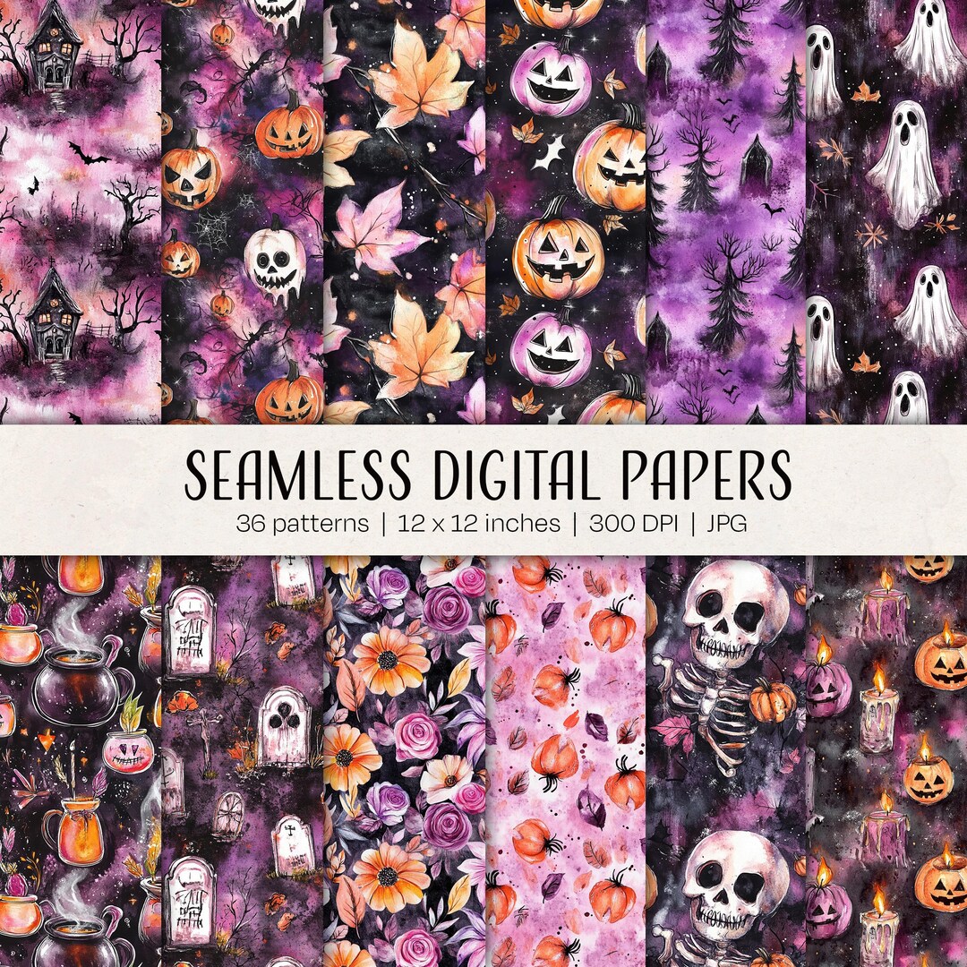 Watercolour Halloween Digital Paper, Spooky Halloween Pattern, Pink ...