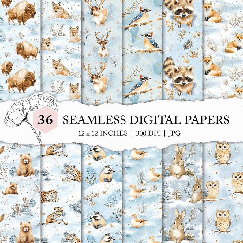 Winter woodland animals, snow animal digital paper, winter forest ...
