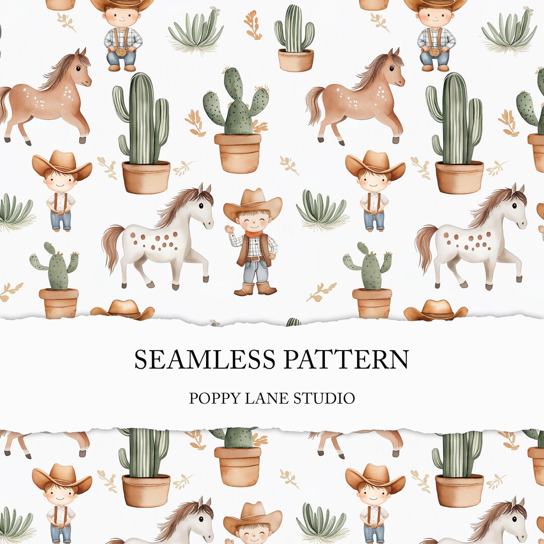 Cowboy Seamless Pattern, Watercolour Cowboy Background, Seamless ...