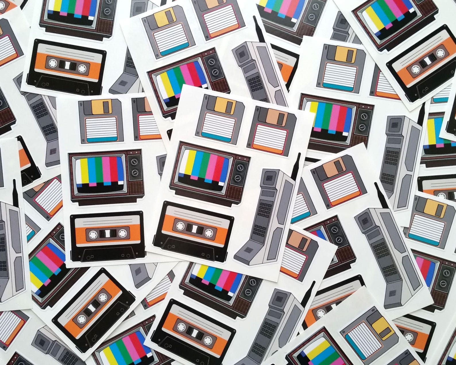 Nostalgic Tech Vinyl Sticker Sheet 5 Stickers CRT TV, Floppy Disks ...