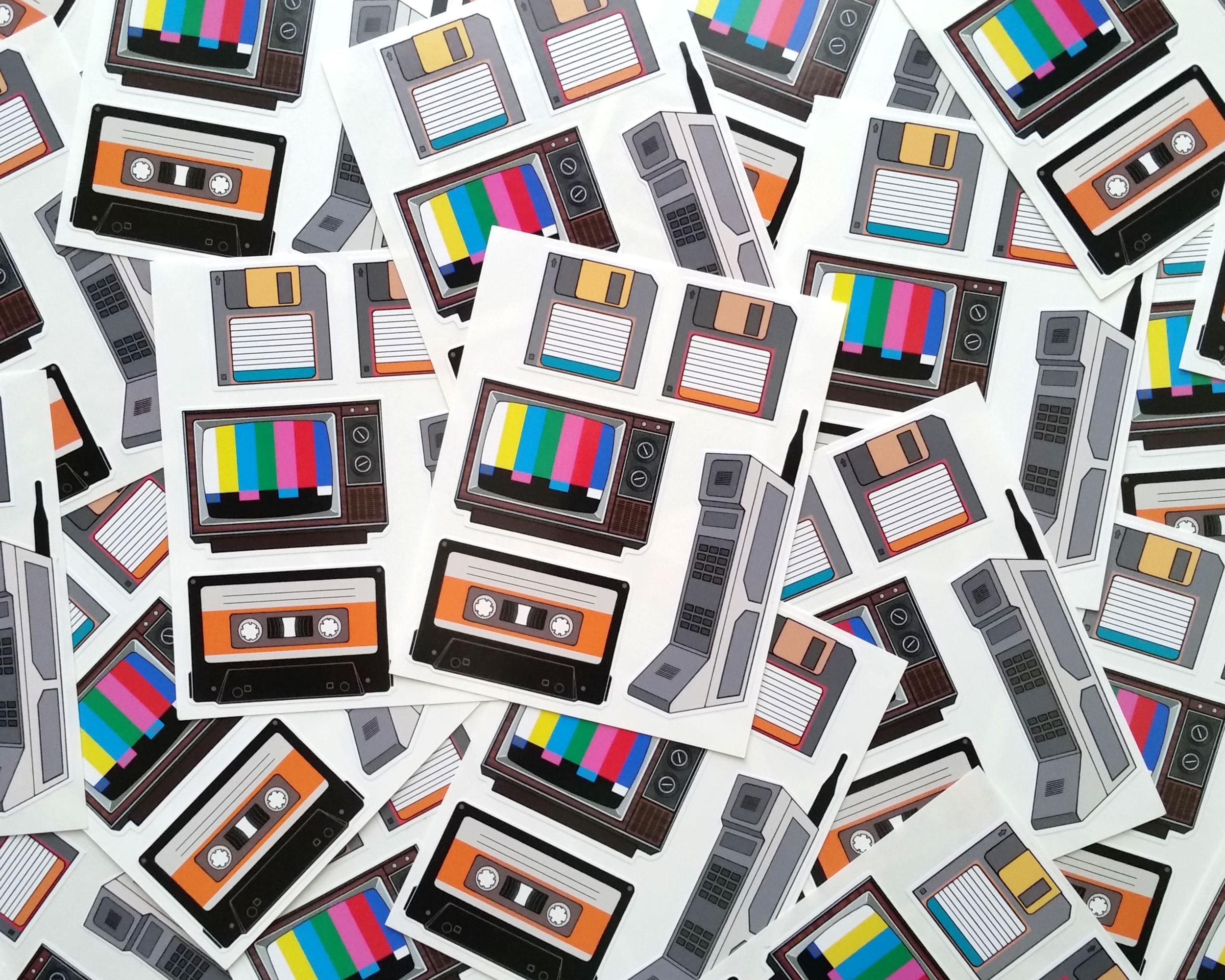 Nostalgic Tech Vinyl Sticker Sheet 5 Stickers CRT TV, Floppy Disks ...