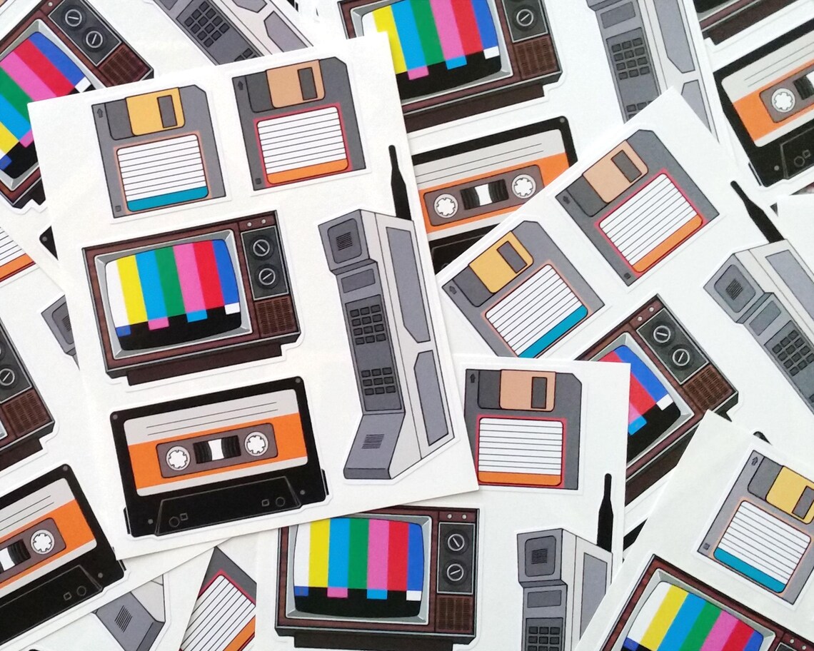 Nostalgic Tech Vinyl Sticker Sheet 5 Stickers CRT TV, Floppy Disks ...