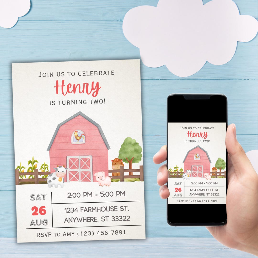 Editable Farm Birthday Invitation Template, Barn Farm Animals, Party ...
