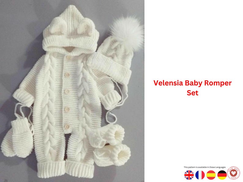 Velensia Baby Romper Set | Knitting Pattern PDF | Romper Cap Booties ...