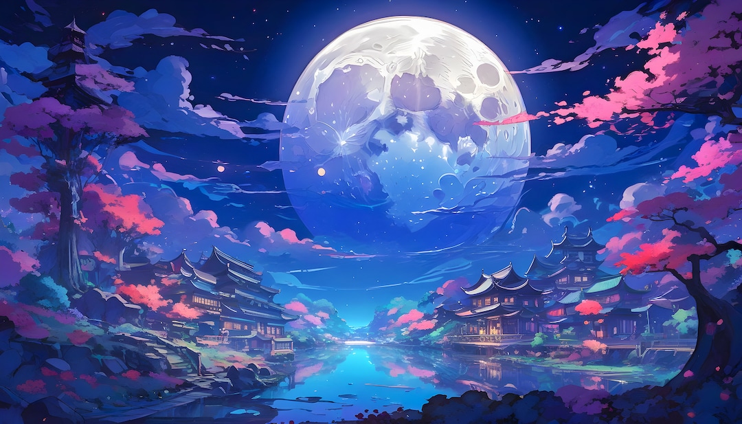 Full Moon in Anime Digital Art Print Painting Two for the Price of One ...