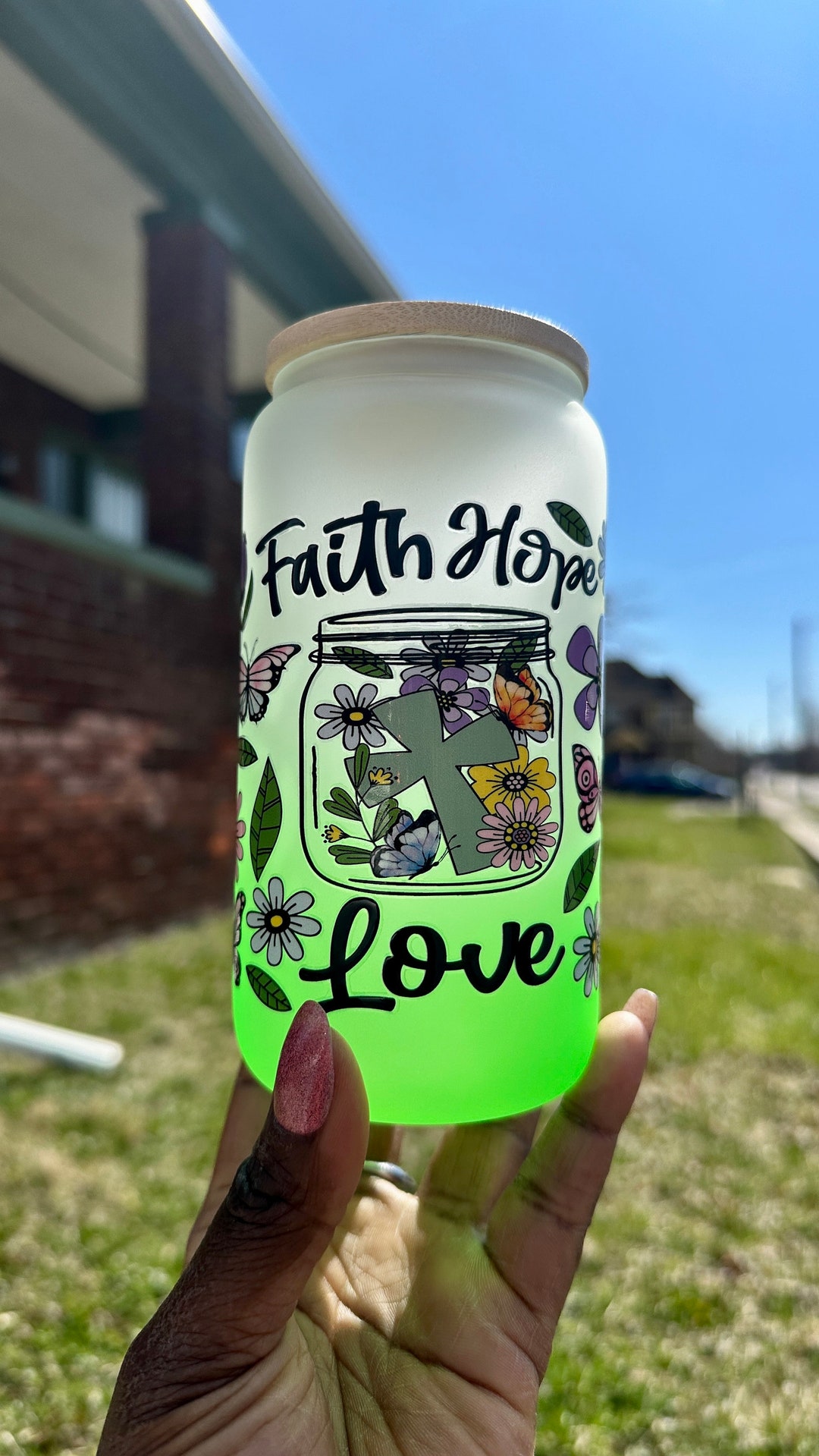 Faith Hope Love Glass Cup With Bamboo Lid, Christian Self-love - Etsy