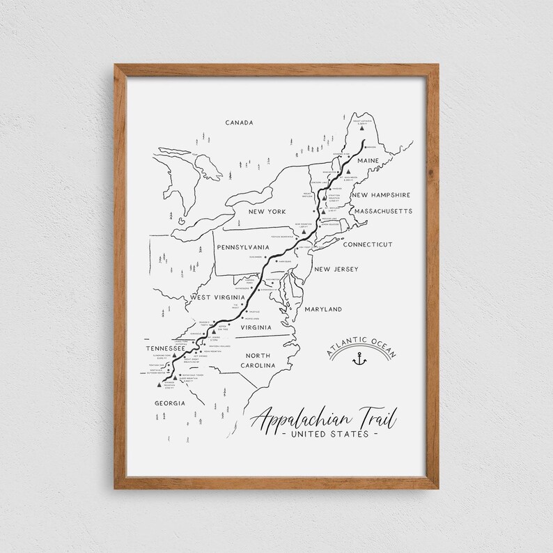 Appalachian Trail Map Poster, Hiking Print Wall Art, AT Hiking Trail ...