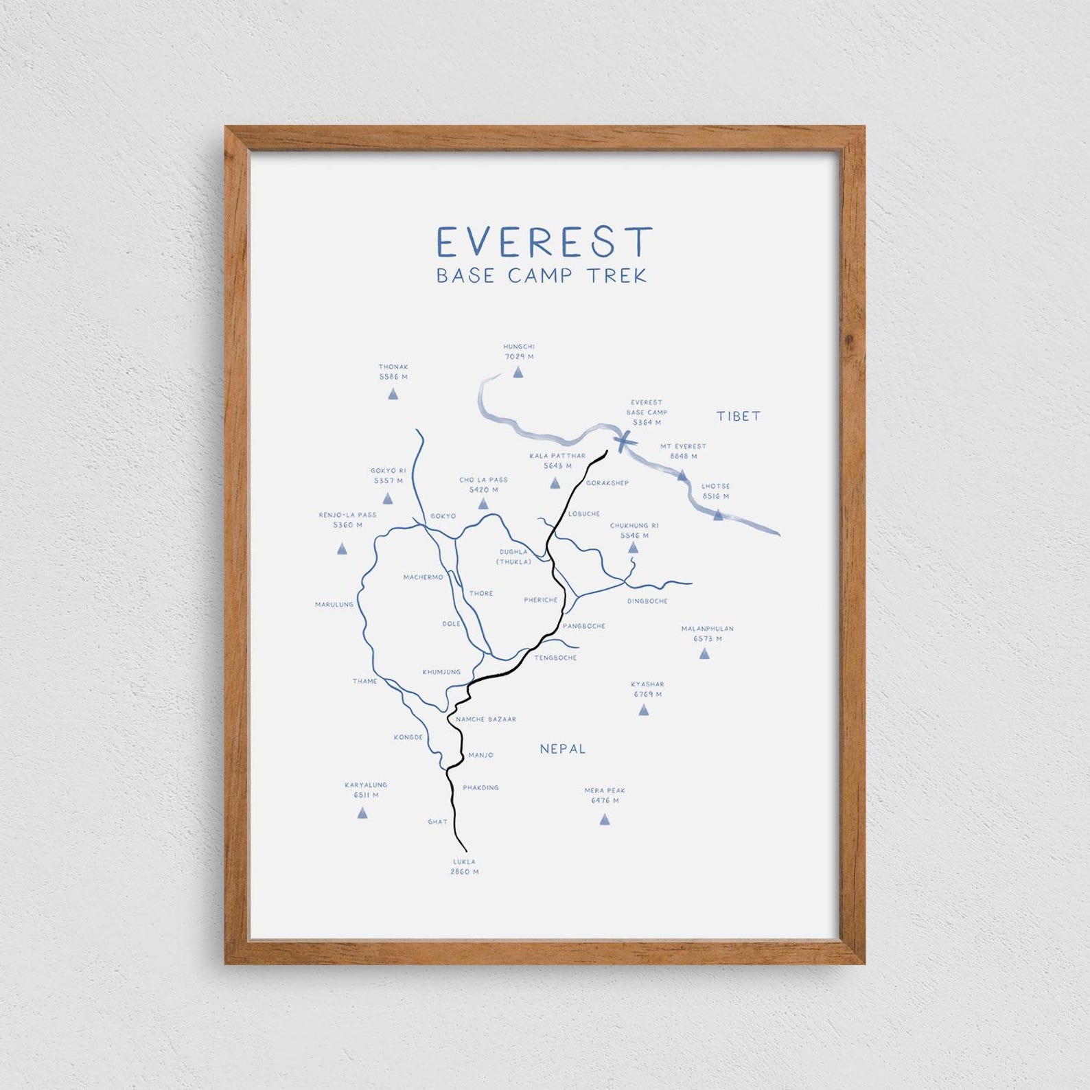 Everest Base Camp Trek Print Poster, Hiking Map Wall Art, Mountain ...