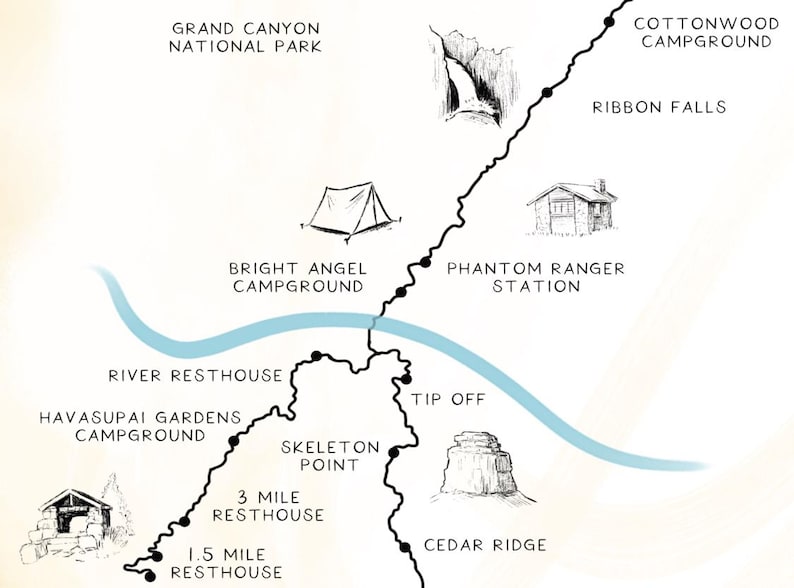 Rim to Rim Trail Map, Hiking Map, Poster Print, Grand Canyon, Wall Art ...