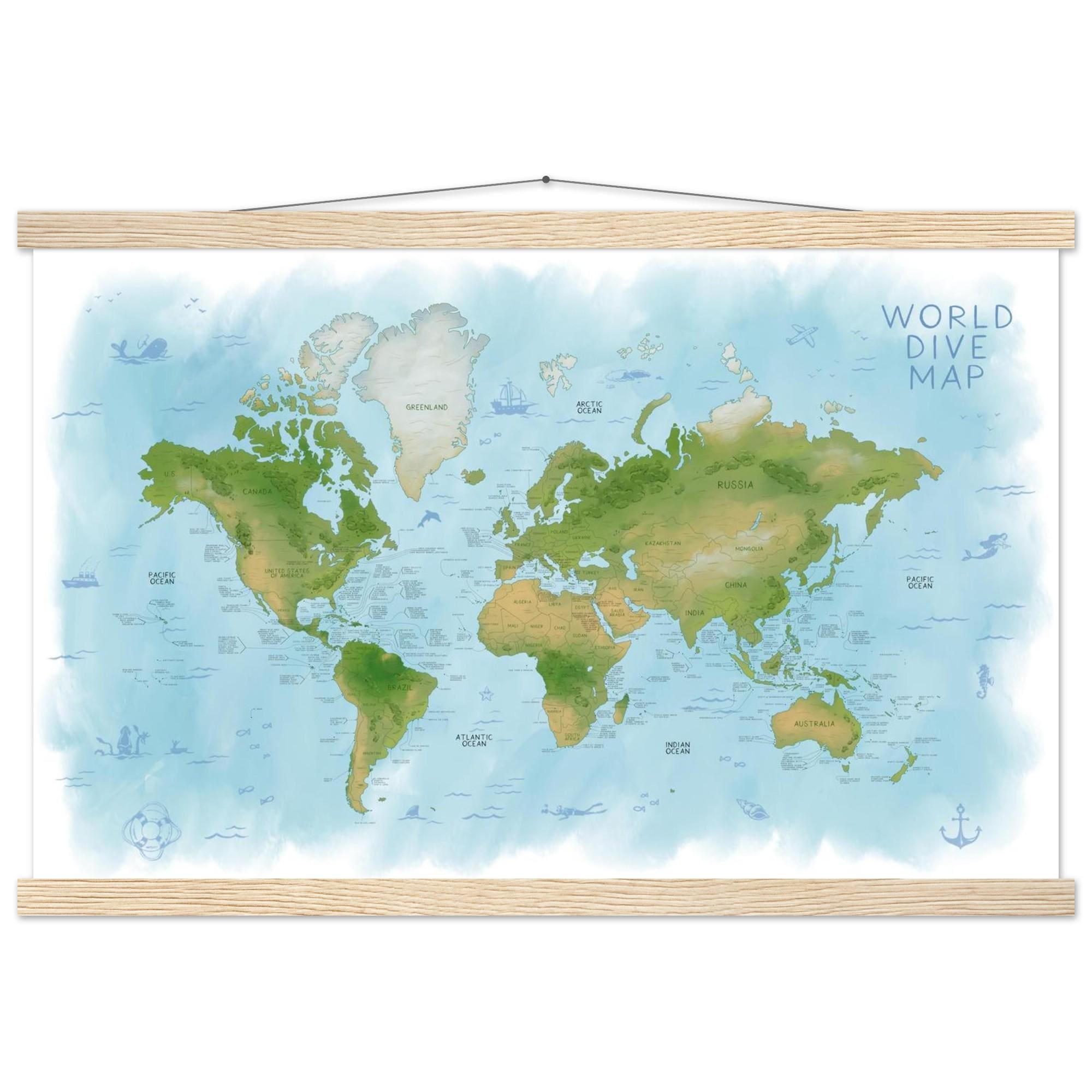 World Dive Map – Scuba Diving Poster Gift & Wall Art for Divers. 16x24 ...