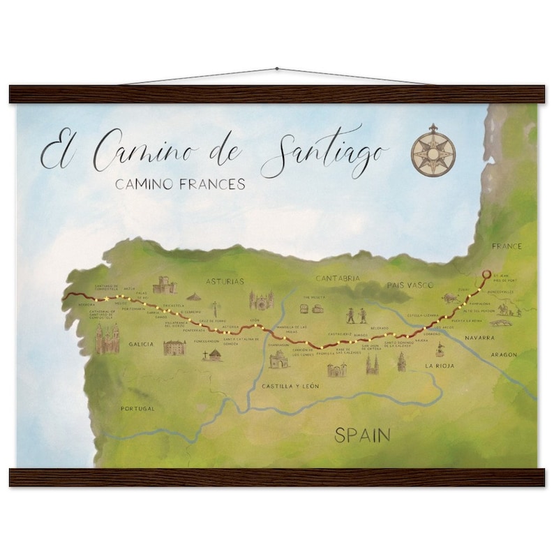 El Camino De Santiago, De Compostela, Frances, Hiking Trail, Map Poster ...