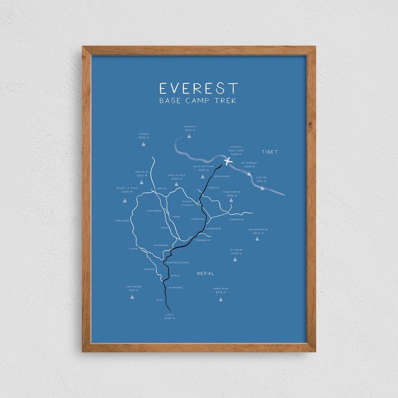 Everest Base Camp Trek Print Poster, Hiking Map Wall Art, Mountain ...