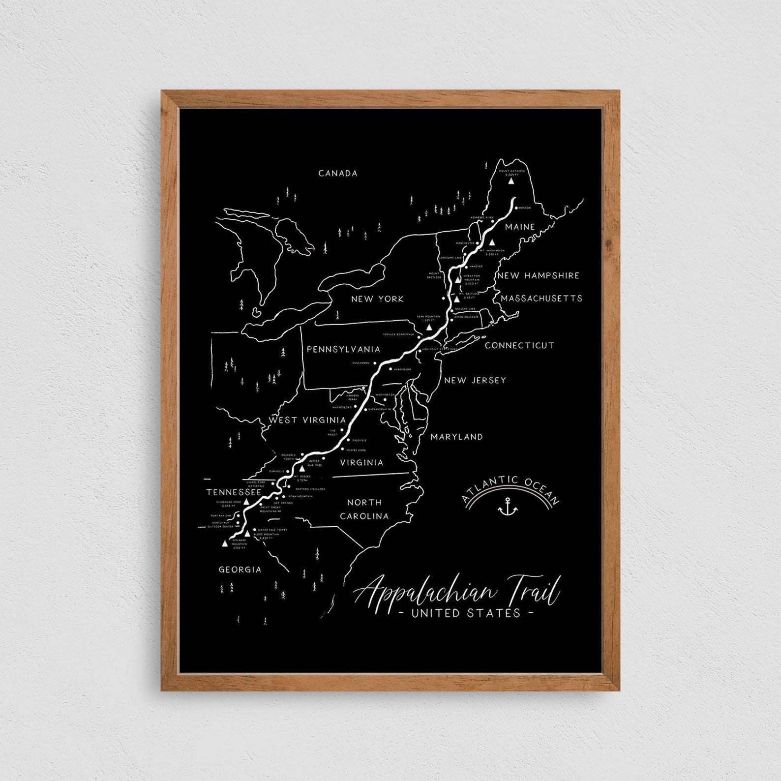 Appalachian Trail Map Poster, Hiking Print Wall Art, AT Hiking Trail ...