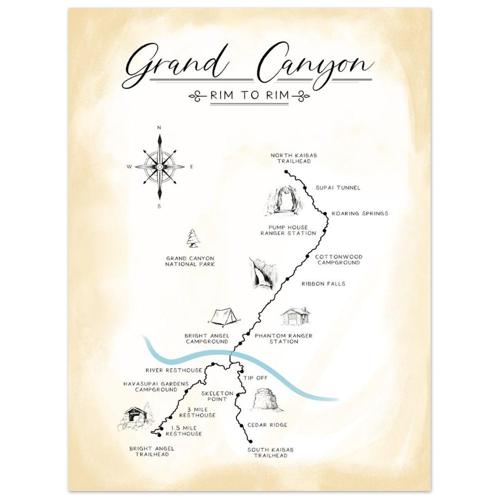 Rim to Rim Trail Map, Hiking Map, Poster Print, Grand Canyon, Wall Art ...
