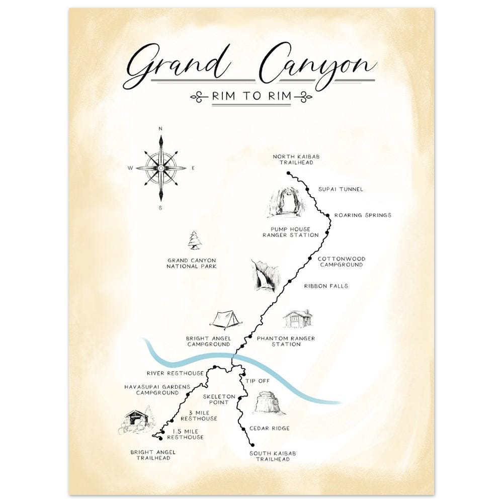 Rim to Rim Trail Map, Hiking Map, Poster Print, Grand Canyon, Wall Art ...