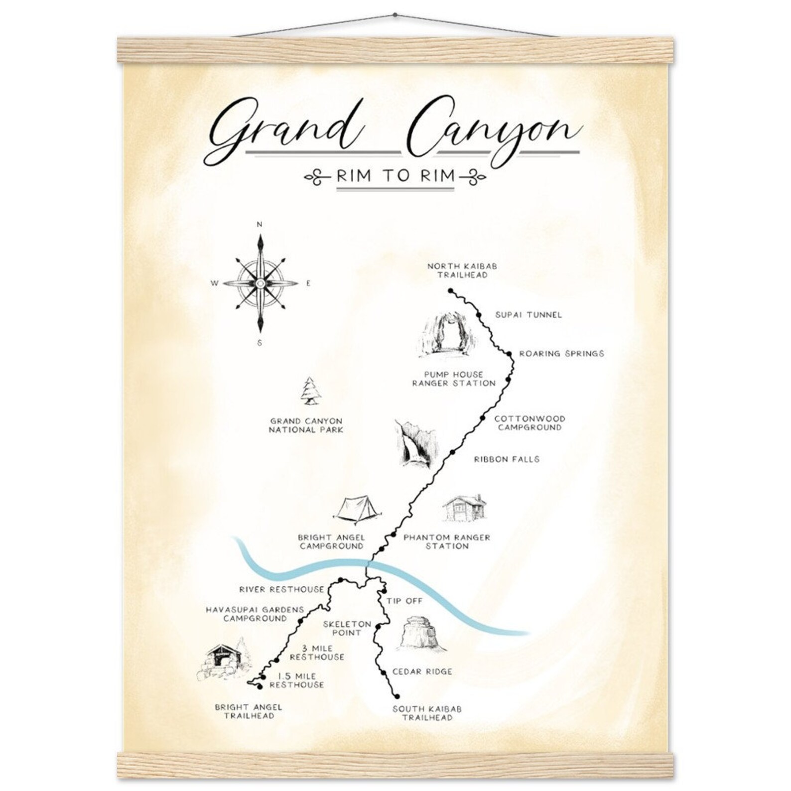 Rim to Rim Trail Map, Hiking Map, Poster Print, Grand Canyon, Wall Art ...