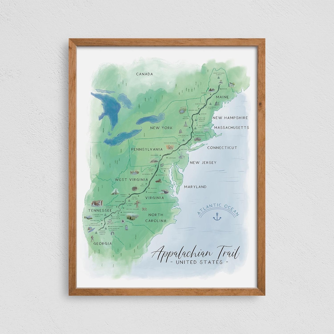 Appalachian Trail Map Print, Hiking Poster Gift Wall Art, AT Hiking ...