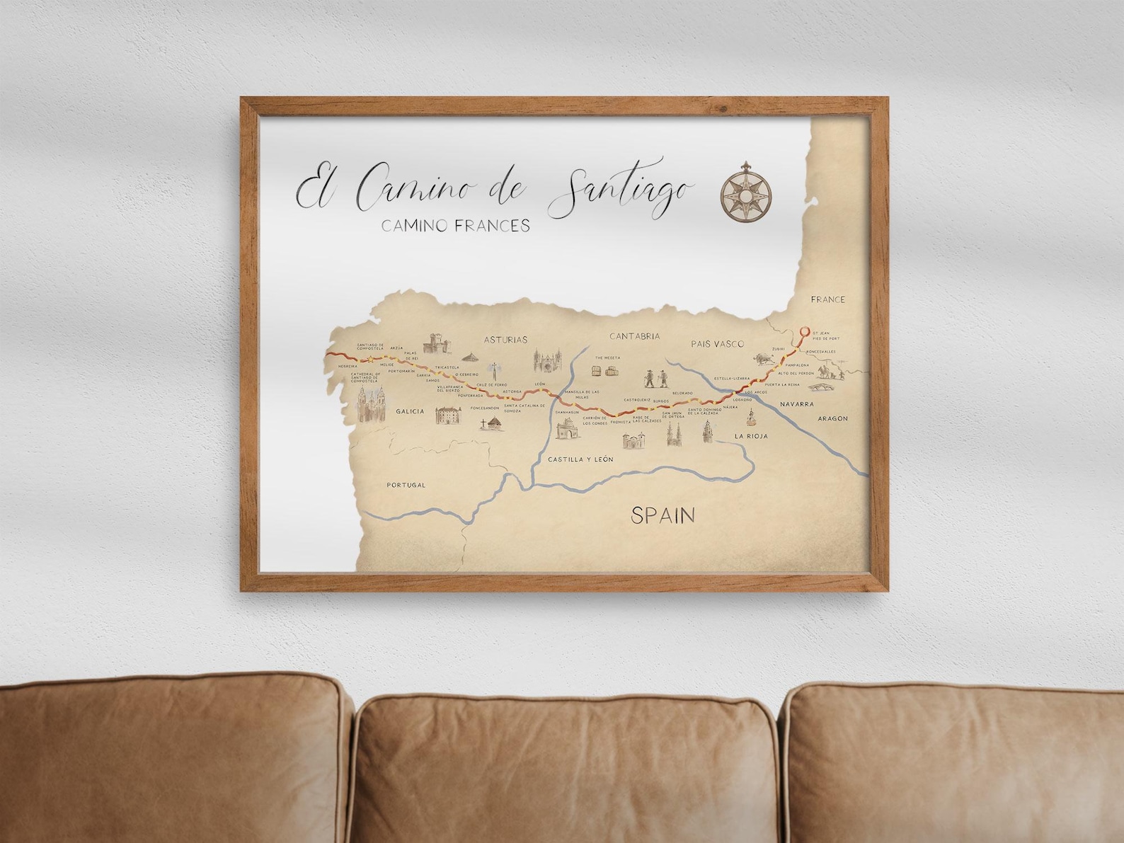 El Camino De Santiago, De Compostela, Frances, Hiking Trail, Map Poster ...