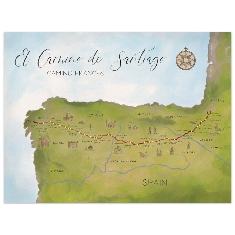 El Camino De Santiago, De Compostela, Frances, Hiking Trail, Map Poster ...