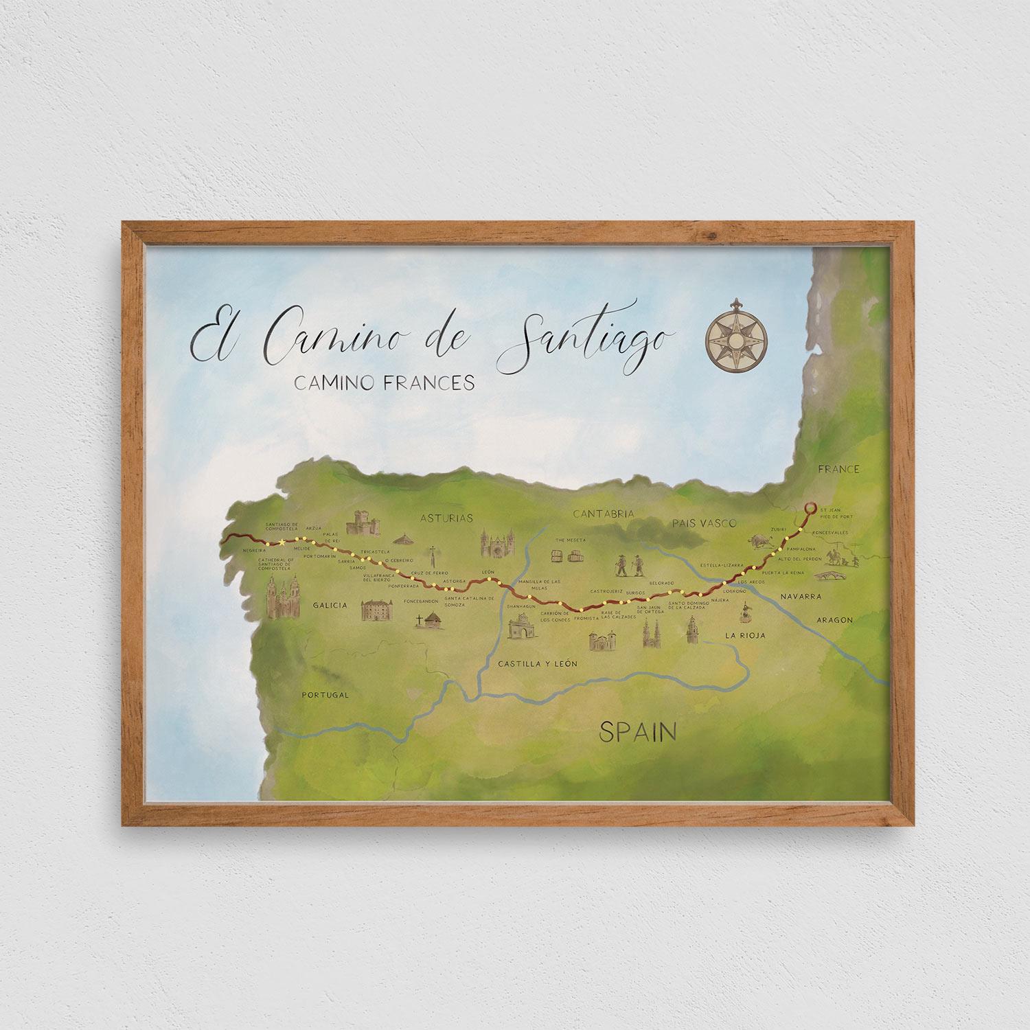 El Camino De Santiago, De Compostela, Frances, Hiking Trail, Map Poster ...