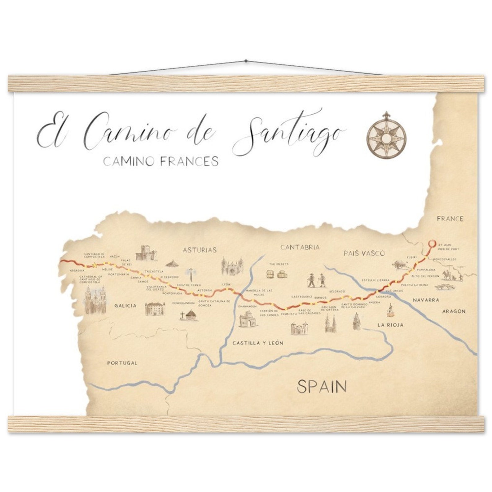 El Camino De Santiago, De Compostela, Frances, Hiking Trail, Map Poster ...