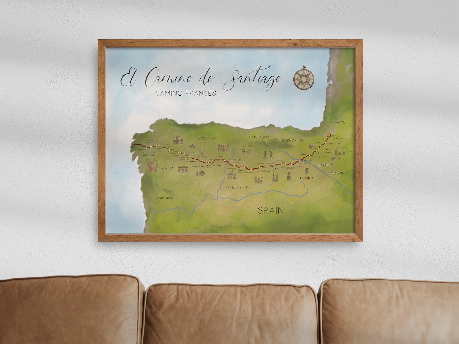 El Camino De Santiago, De Compostela, Frances, Hiking Trail, Map Poster ...
