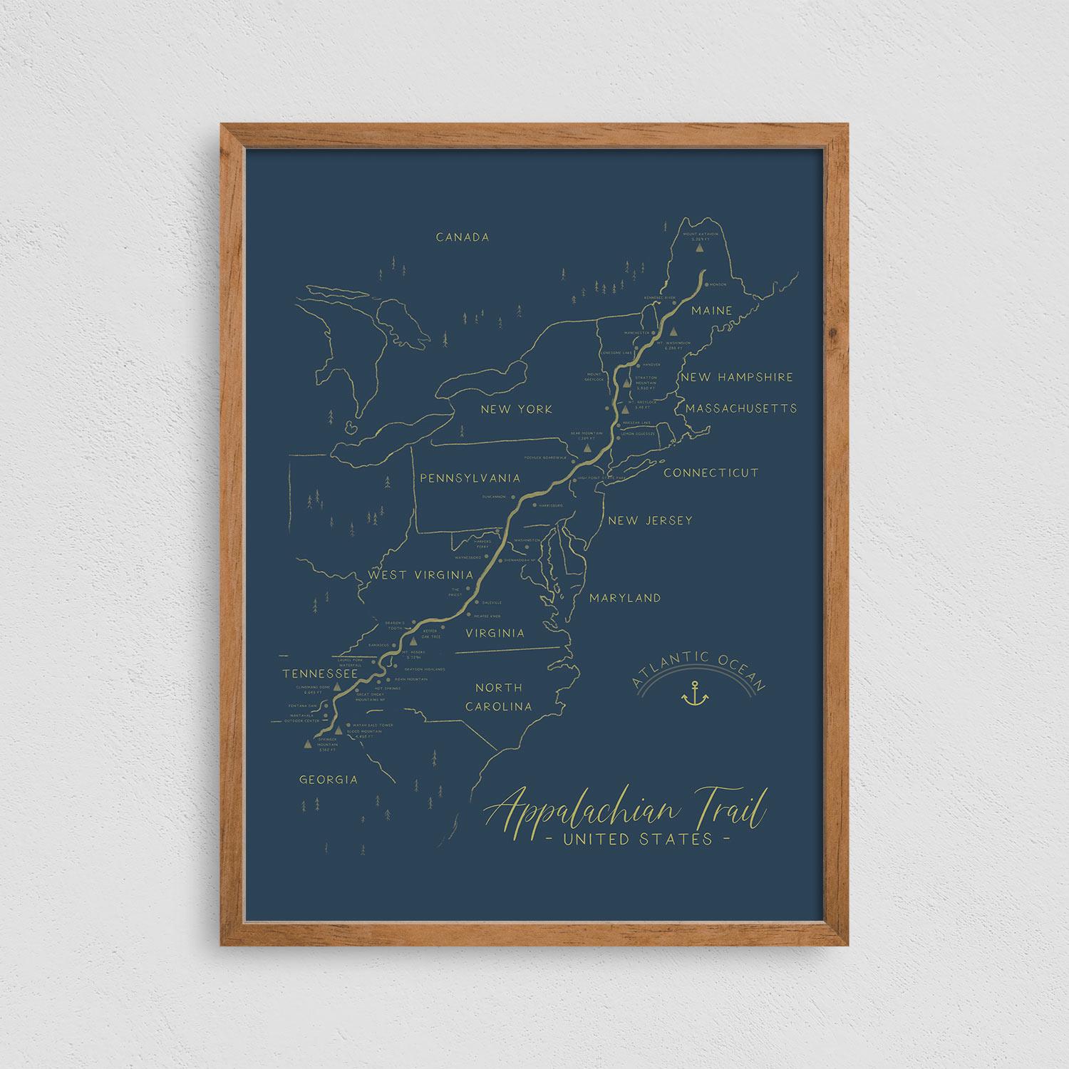 Appalachian Trail Map Poster, Hiking Print Wall Art, AT Hiking Trail ...