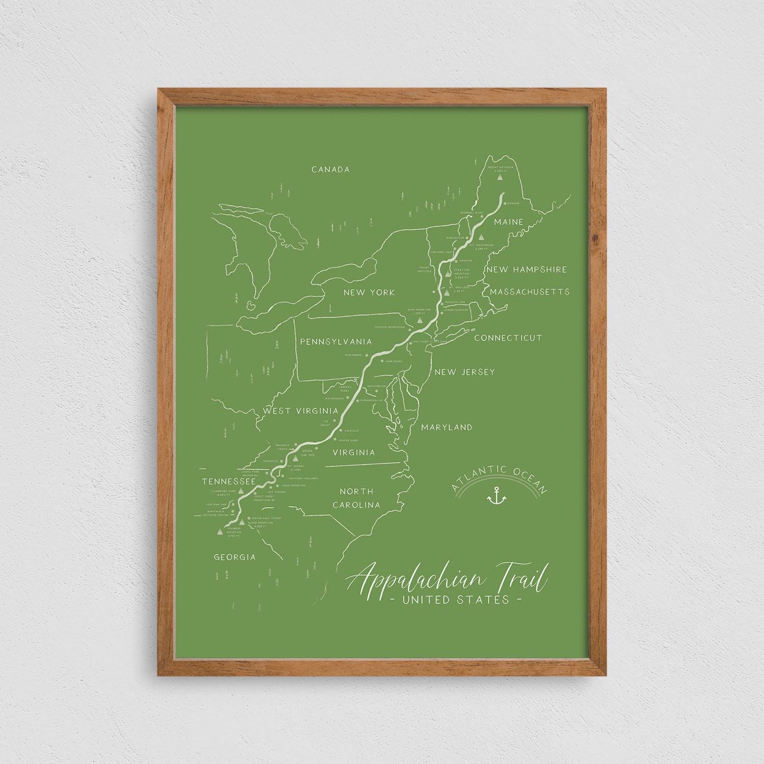 Appalachian Trail Map Poster, Hiking Print Wall Art, AT Hiking Trail ...