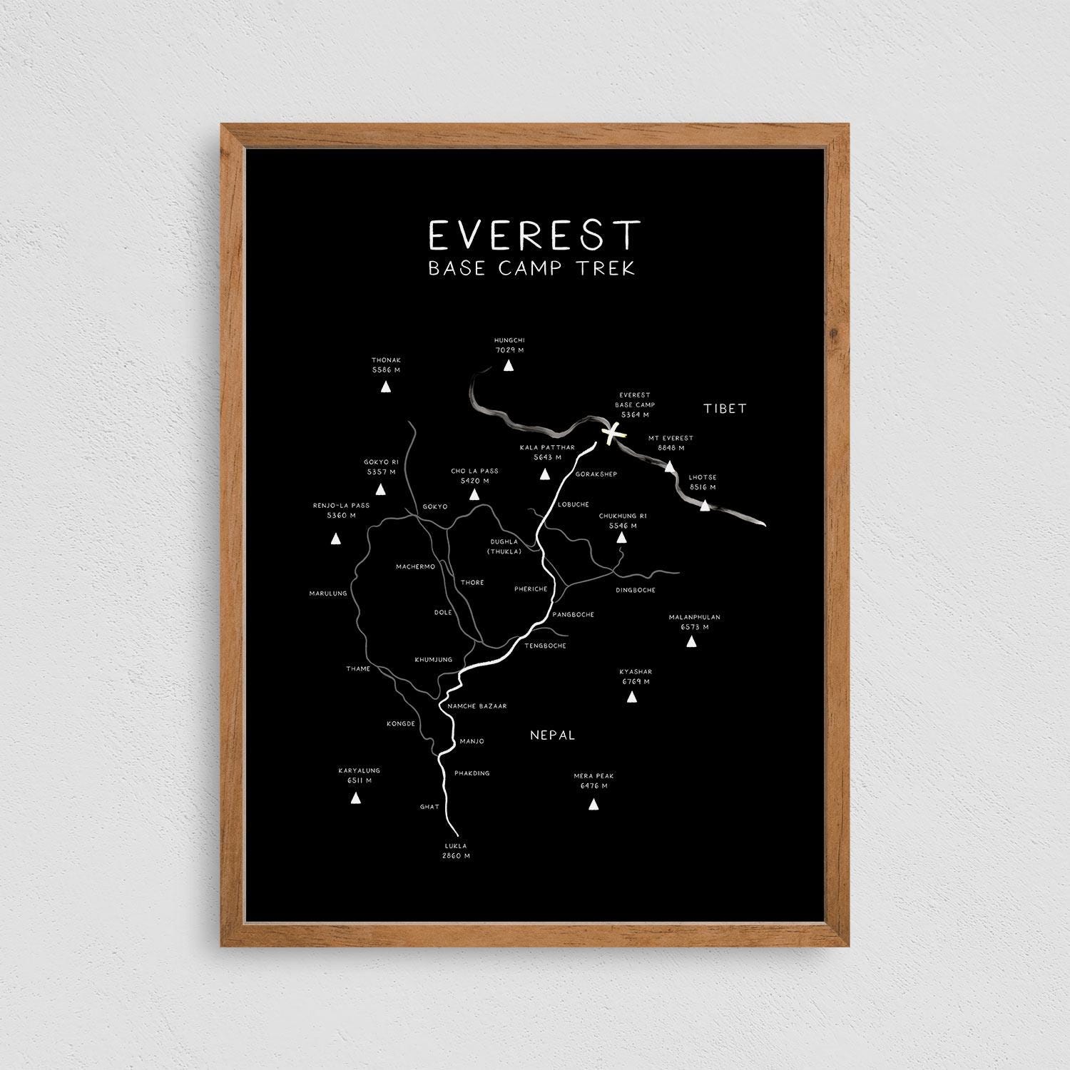 Everest Base Camp Trek Print Poster, Hiking Map Wall Art, Mountain ...