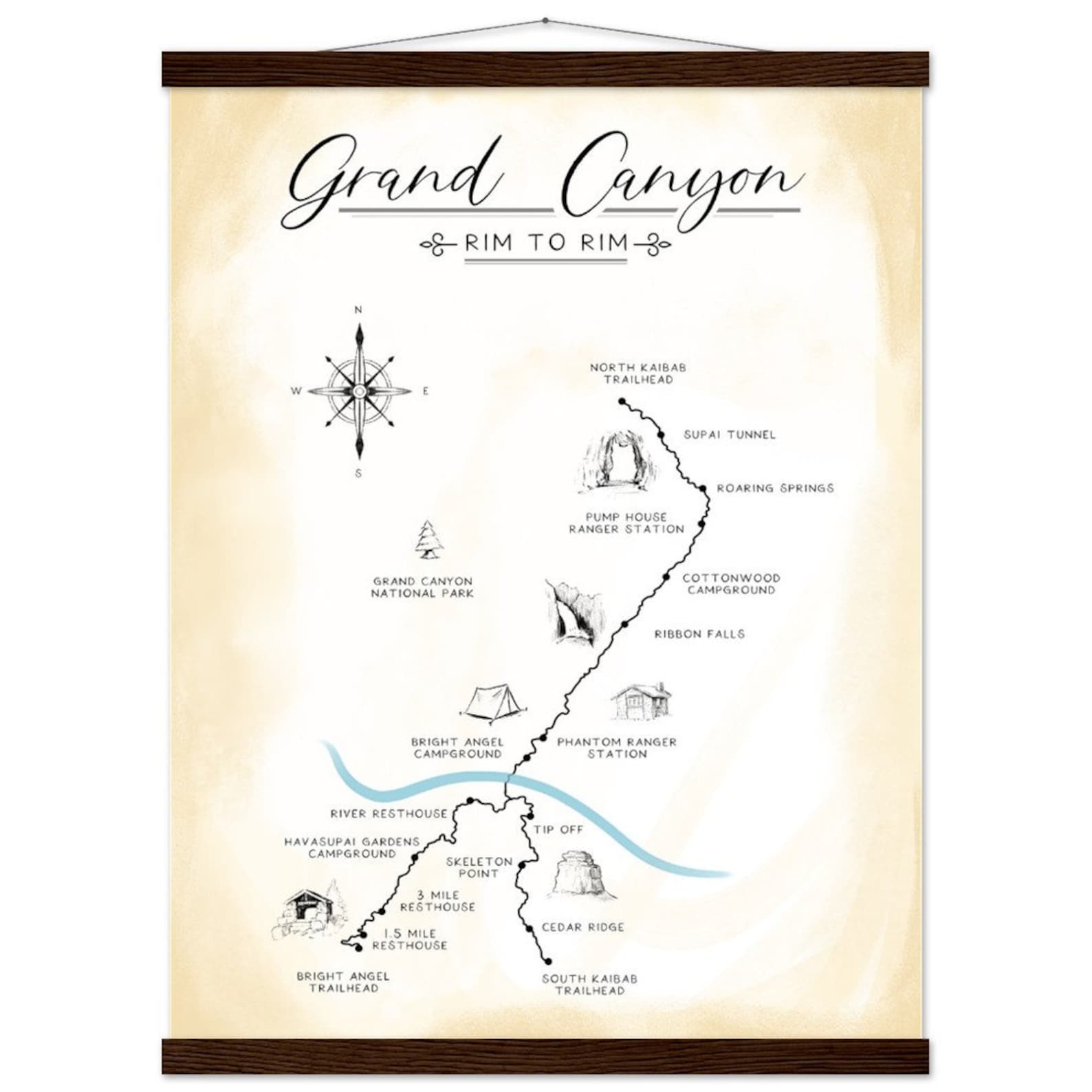 Rim to Rim Trail Map, Hiking Map, Poster Print, Grand Canyon, Wall Art ...