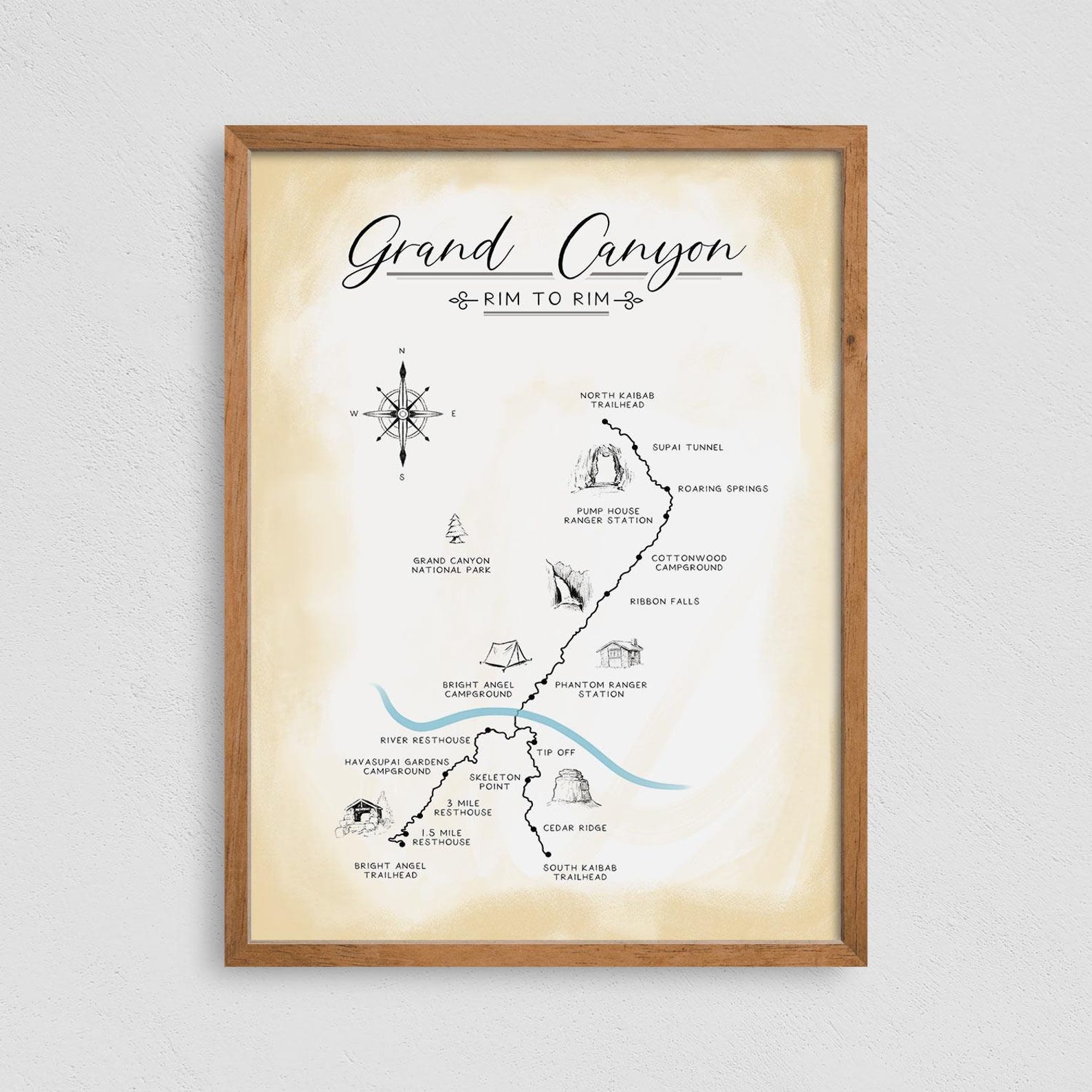 Rim to Rim Trail Map, Hiking Map, Poster Print, Grand Canyon, Wall Art ...