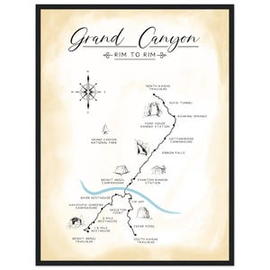 Rim to Rim Trail Map, Hiking Map, Poster Print, Grand Canyon, Wall Art ...