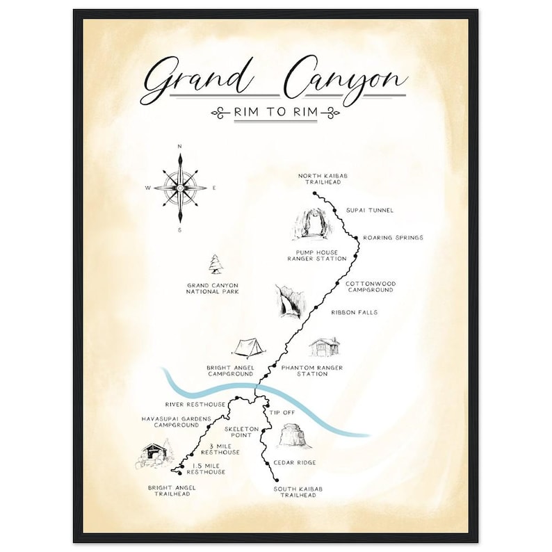 Rim to Rim Trail Map, Hiking Map, Poster Print, Grand Canyon, Wall Art ...