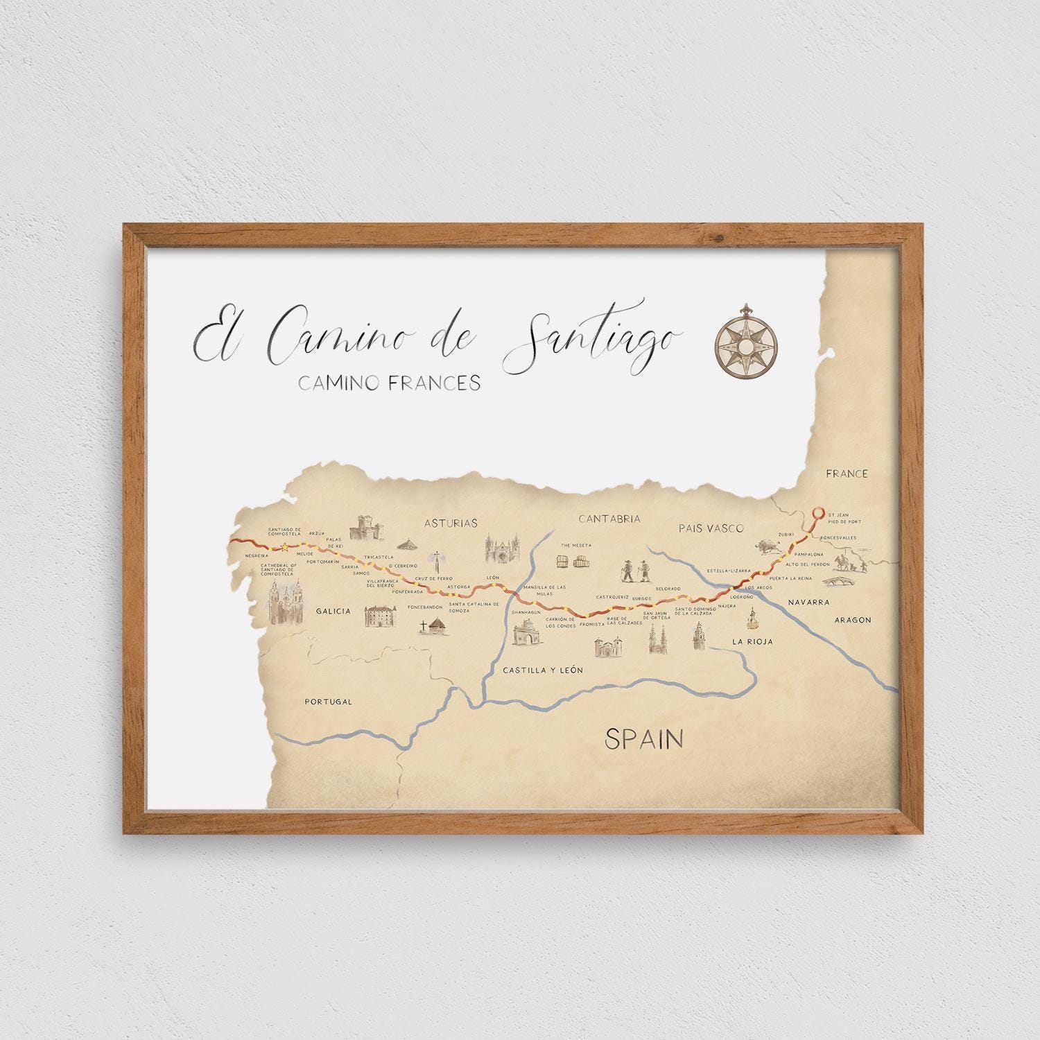 El Camino De Santiago, De Compostela, Frances, Hiking Trail, Map Poster ...
