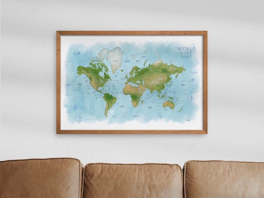 World Dive Map – Scuba Diving Poster Gift & Wall Art for Divers. 16x24 ...