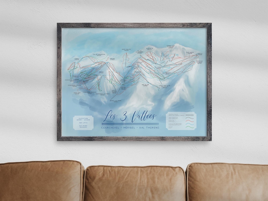 Les 3 Vallees Three Valleys, Ski Piste Map Art Poster Print, Courchevel ...