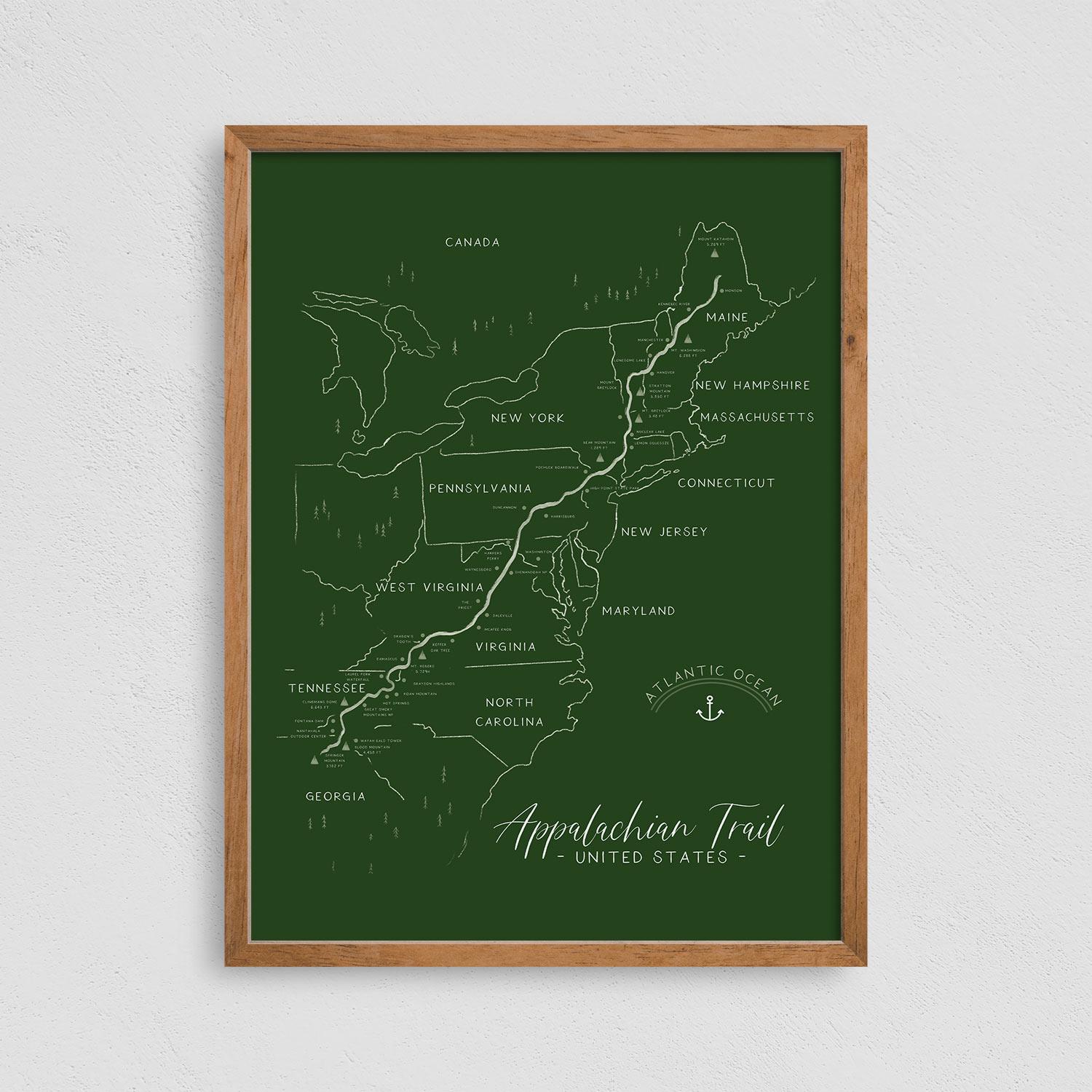 Appalachian Trail Map Poster, Hiking Print Wall Art, AT Hiking Trail ...