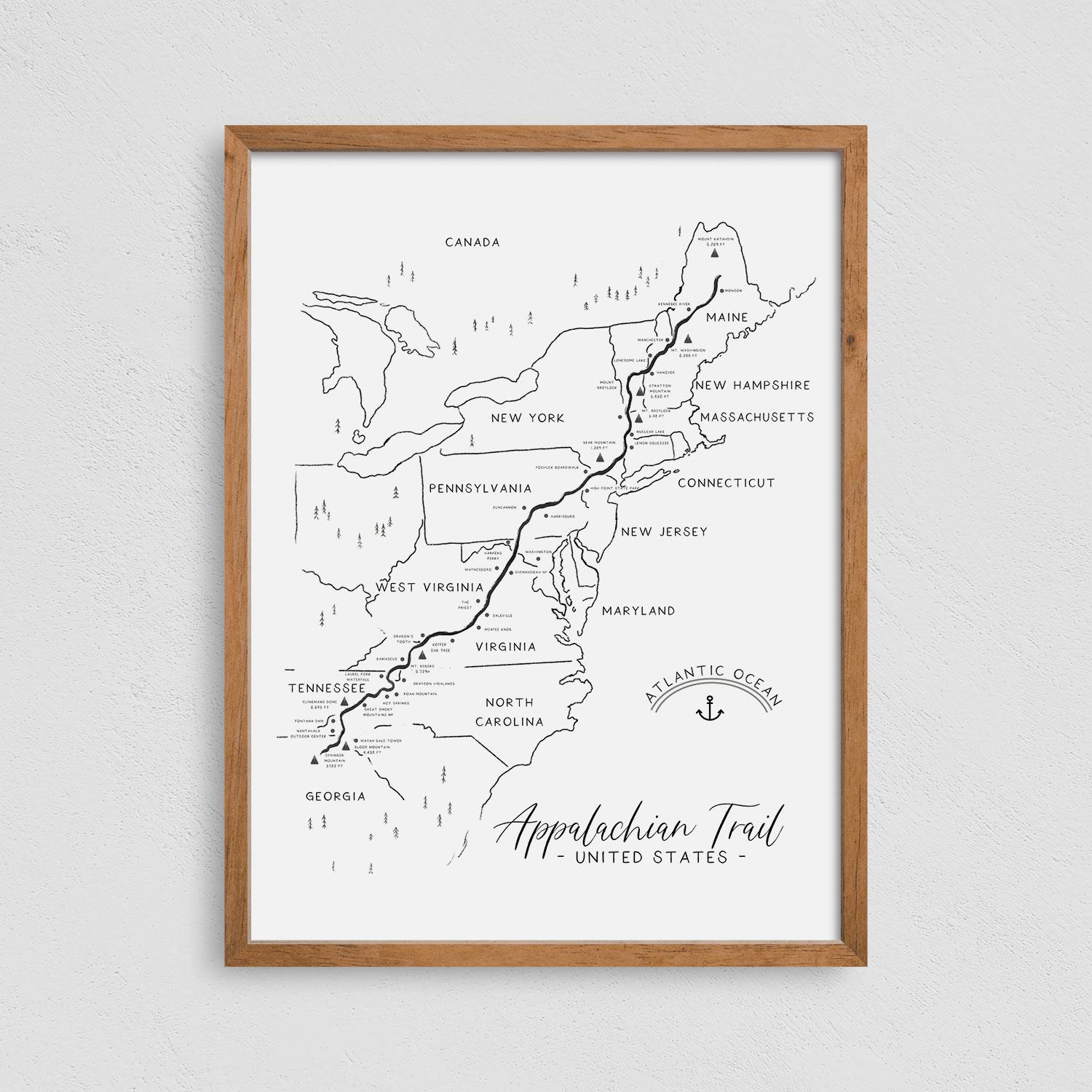 Appalachian Trail Map Poster, Hiking Print Wall Art, AT Hiking Trail ...